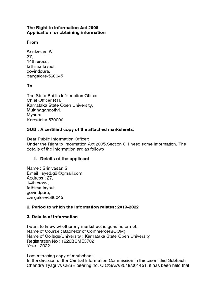 RTI Application for Marksheet Verification | PDF | Government ...