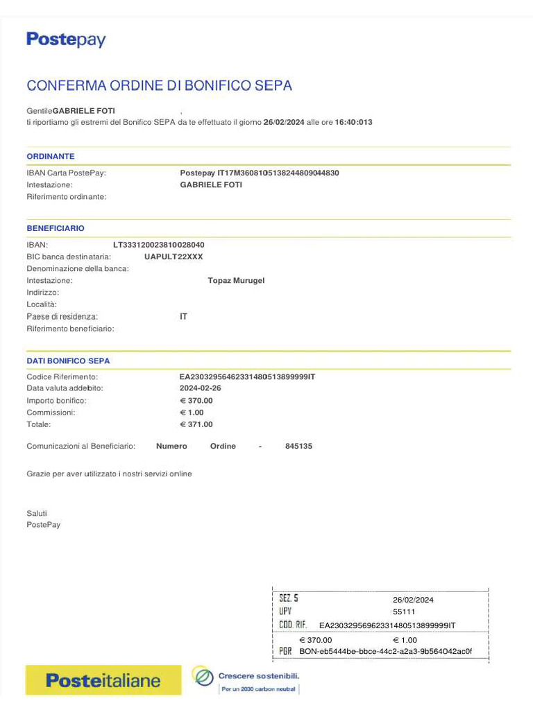Ricevuta_Bonifico_SEPA_26022024 | PDF