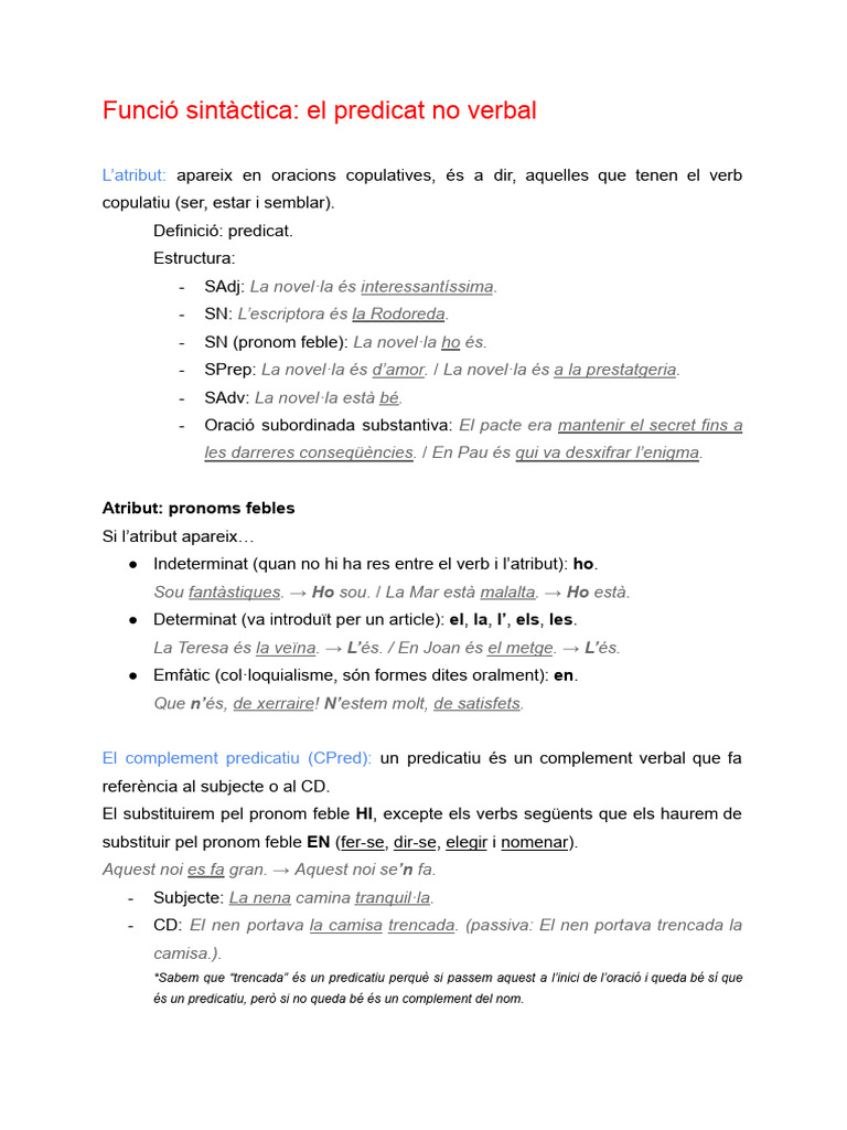 Funció Sintàctica - El Predicat No Verbal | PDF