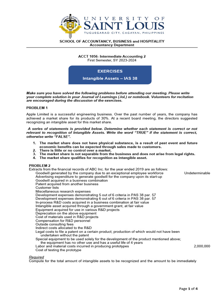 Intermediate Accounting Intangible Assets Exercises | PDF | Intangible ...
