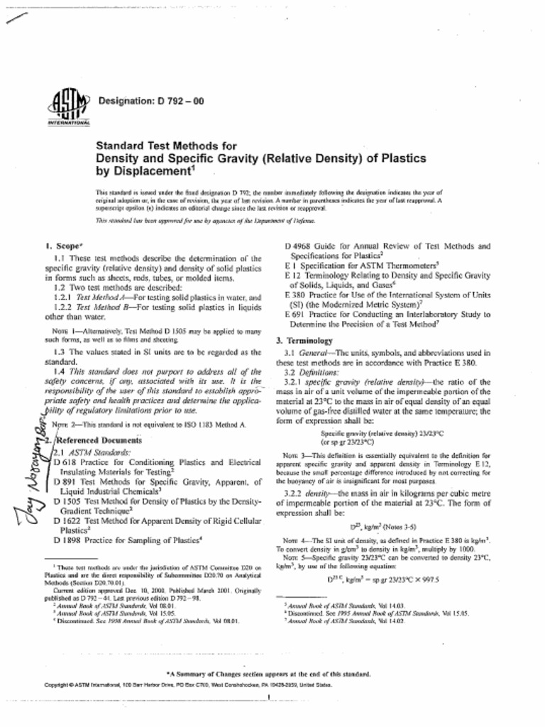 ASTM D 792 (Specific Gravity) | PDF