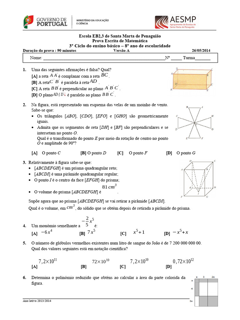 Prova de Matemática 8º Ano | PDF | Linha (Geometria) | Geometria Euclidiana