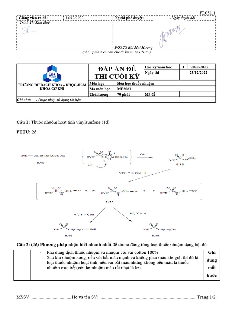 Đáp Án DeThi HHTN HK1.22.23 | PDF