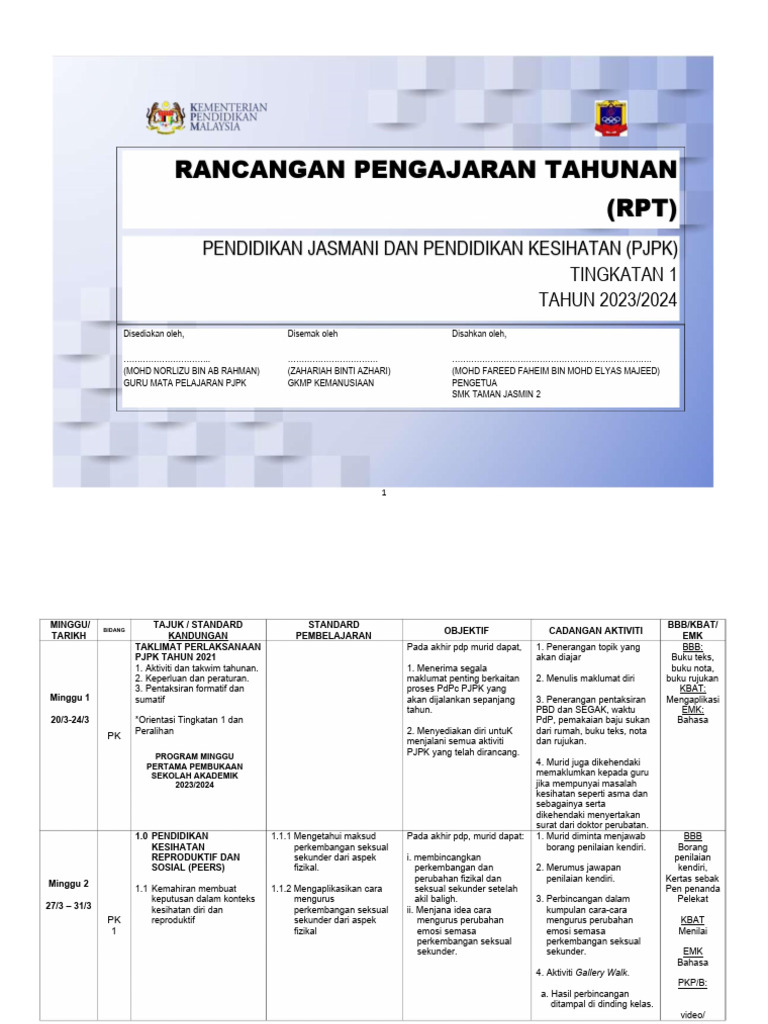 RPT PJPK Ting 1 KSSM 2022-2023 PDF | PDF