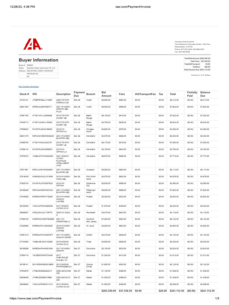 IAAI Auto Auction Invoice Details | PDF | Motor Vehicle Manufacturers ...