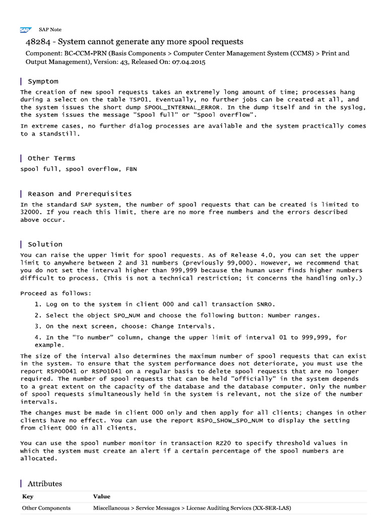 Spool Request Error Sap Note | PDF