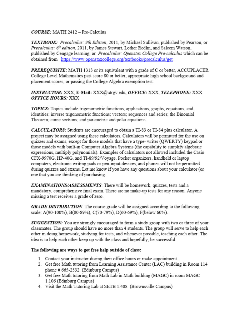 Pre-Calculus Course Overview and Policies | PDF | Trigonometry | Geometry