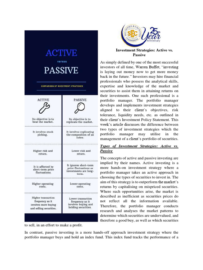 Active vs. Passive Investment Strategies | PDF | Investing | Active ...
