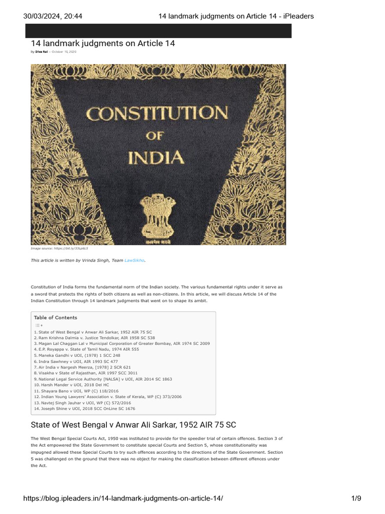 14 Landmark Judgments On Article 14 - Ipleaders | PDF | Justice | Crime & Violence