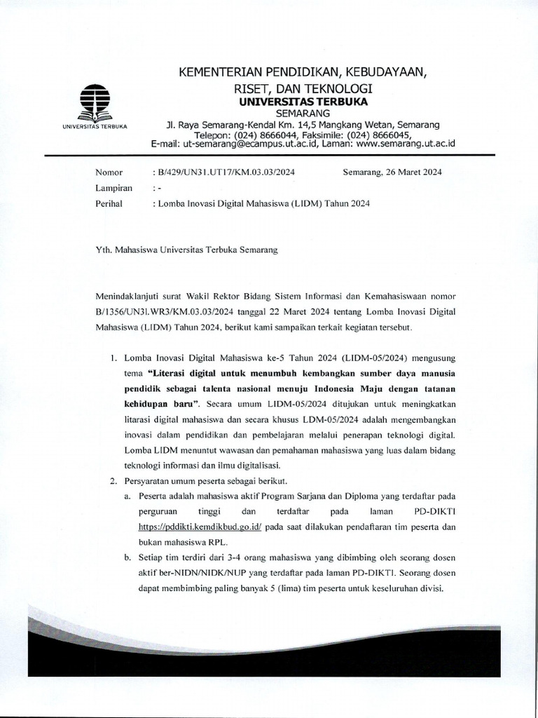 B429 - Lomba Inovasi Digital Mahasiswa (LIDM) Tahun 2024 | PDF