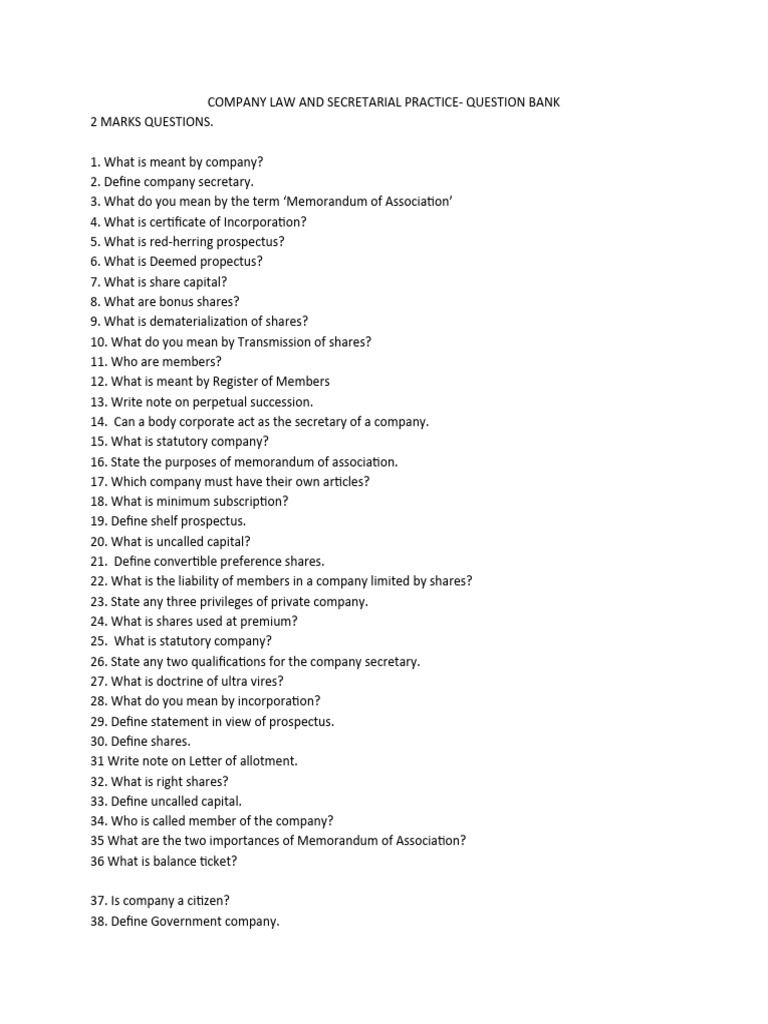 Company Law Question Bank 2 Mark | PDF | Liquidation | Companies