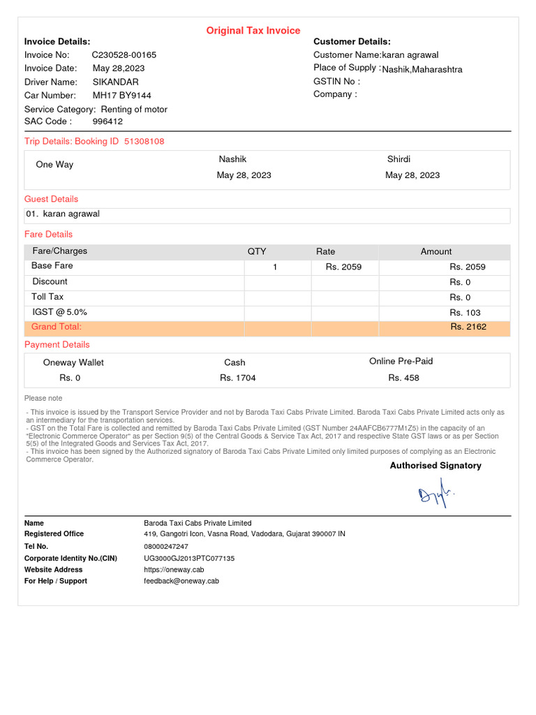 OneWay Cab - Invoice No. - C230528-00165 | PDF | Invoice | Government ...