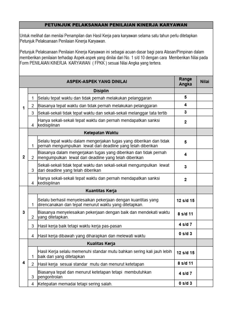 Form Penilaian Kinerja Karyawan | PDF