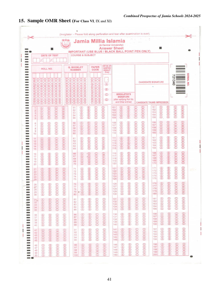 Sample OMR Sheet (: For Class VI, IX and XI) | PDF