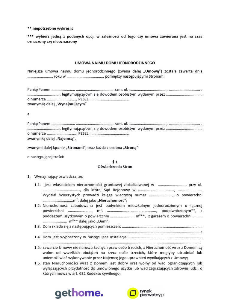 Umowa Najmu Domu Jednorodzinnego Do Uzupelnienia | PDF