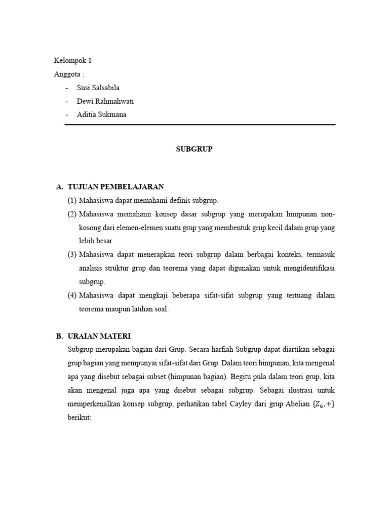 Subgrup Struktur Aljabar Linear | PDF | Metode & Bahan Ajar | Sains ...