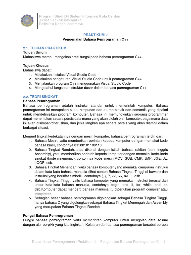 Modul 2 - Pengenalan Bahasa Pemrograman C++ | PDF