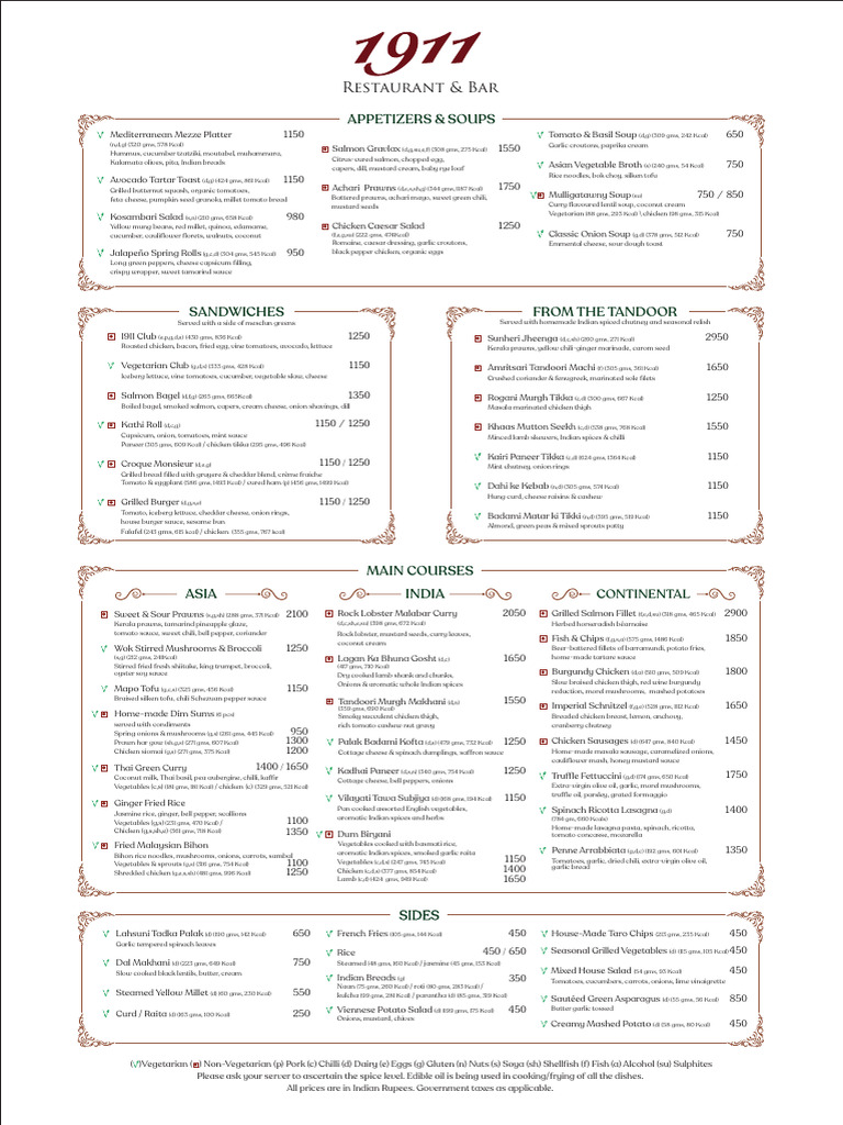 1911 Restaurant Menu | PDF | Indian Cuisine | Curry
