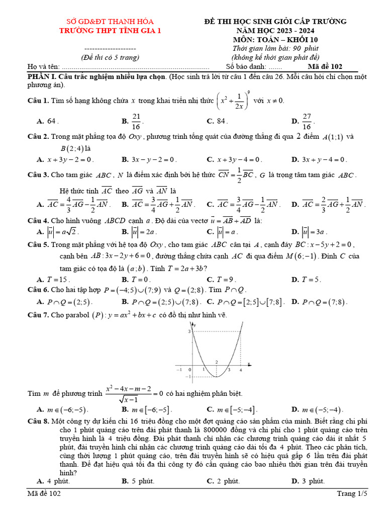 De Hoc Sinh Gioi Toan 10 Nam 2023 2024 Truong THPT Tinh Gia 1 Thanh Hoa | PDF