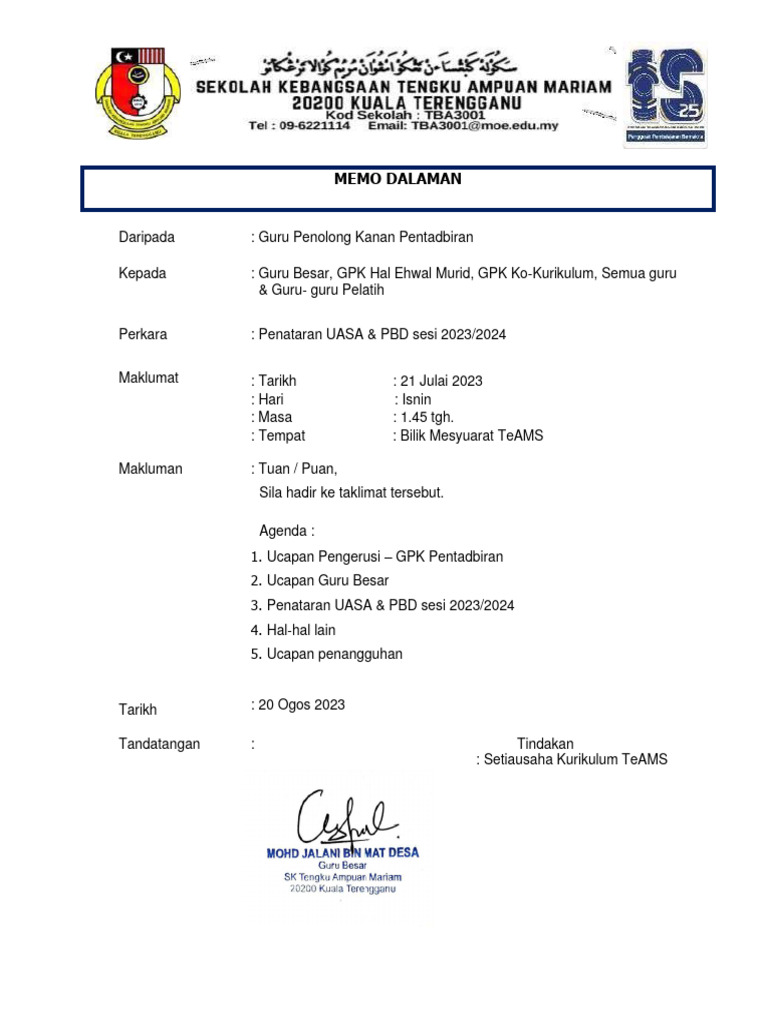 Memo Dalaman Penataran Uasa & PBD | PDF