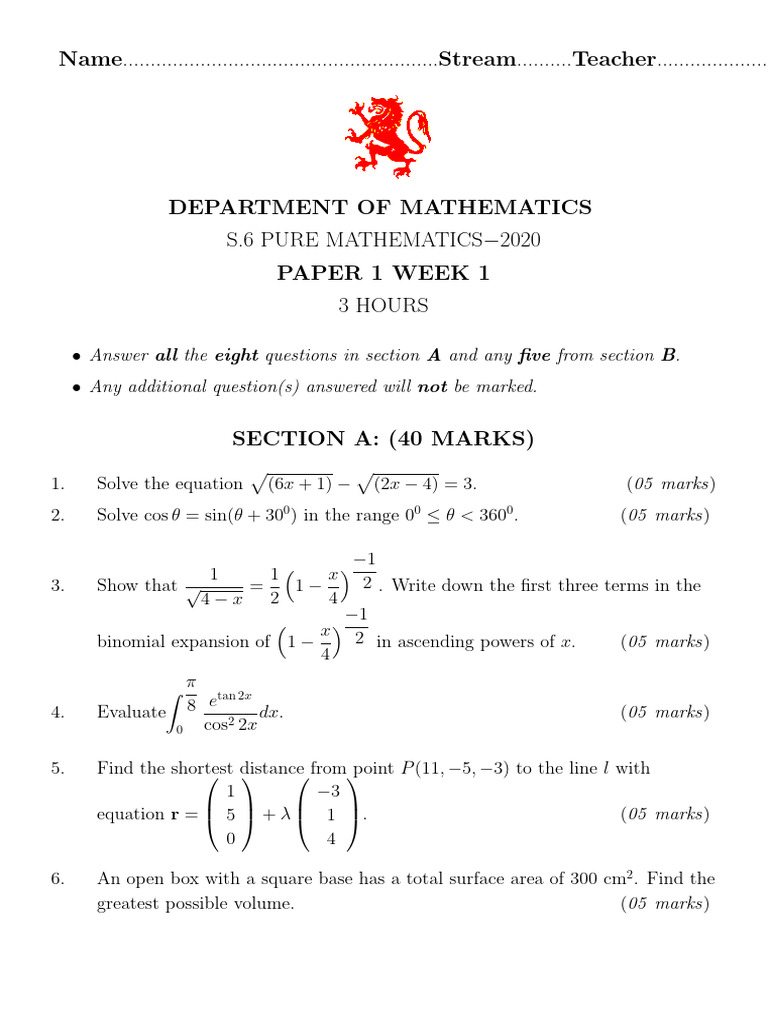 S6 Math Paper 1 Test1-2020 | PDF | Mathematics | Equations