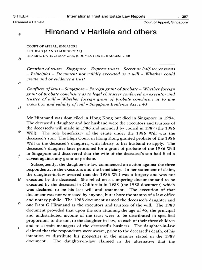 Hiranand V Harilela and Others 3 ITELR 297 | PDF