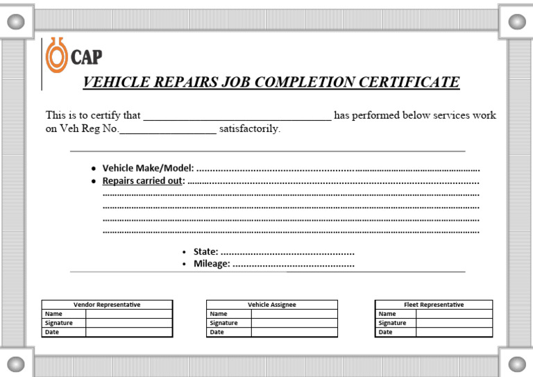 Vehicle Repairs Completion Certificate | PDF | Business | Finance ...