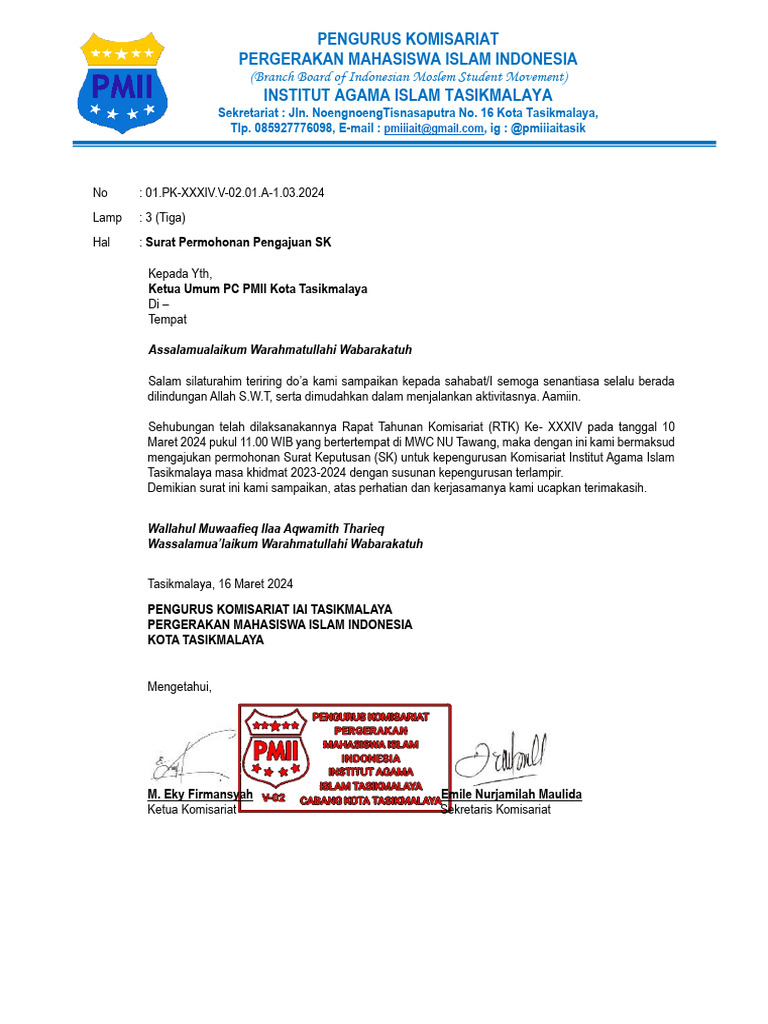 Permohonan SK Pengurus PMII IAI Tasikmalaya | PDF