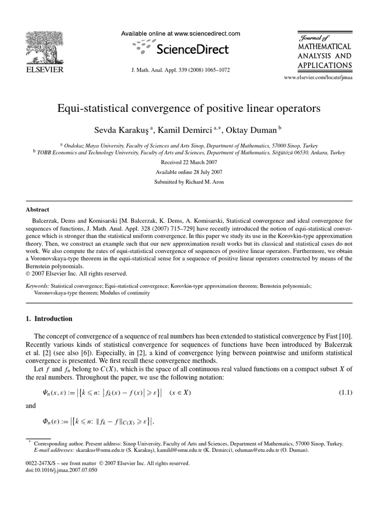 Equi Statistical Convergence Of Positive Linear Operators Pdf Limit Mathematics Sequence