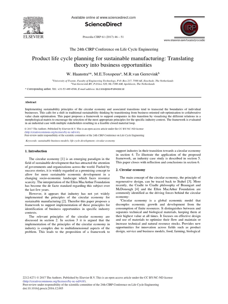 Sciencedirect: Product Life Cycle Planning For Sustainable ...