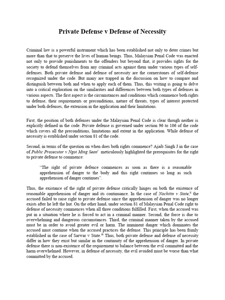Private Defense V Defense of Necessity | PDF | Assault | Crimes