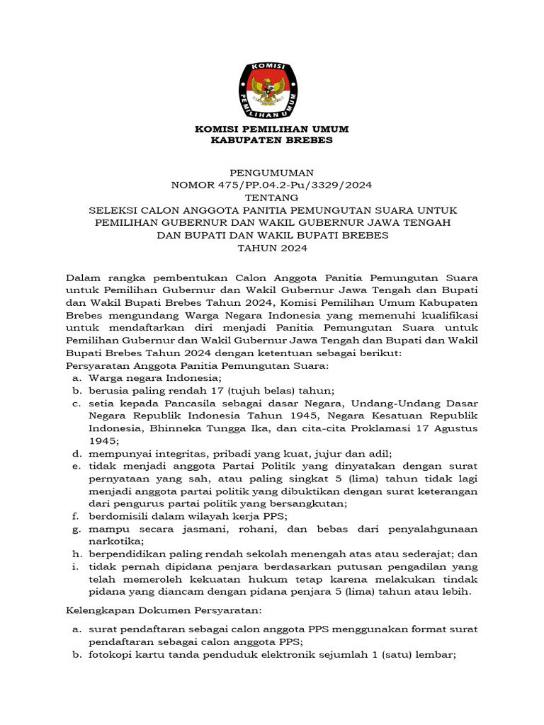 475 Pengumuman Seleksi PPS Pilkada Serentak Tahun 2024 | PDF | Hukum