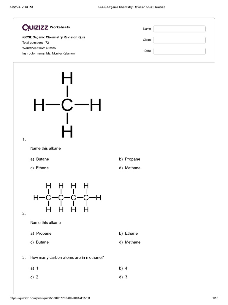 iGCSE Organic Chemistry Revision Quiz - Quizizz | PDF | Alkene ...