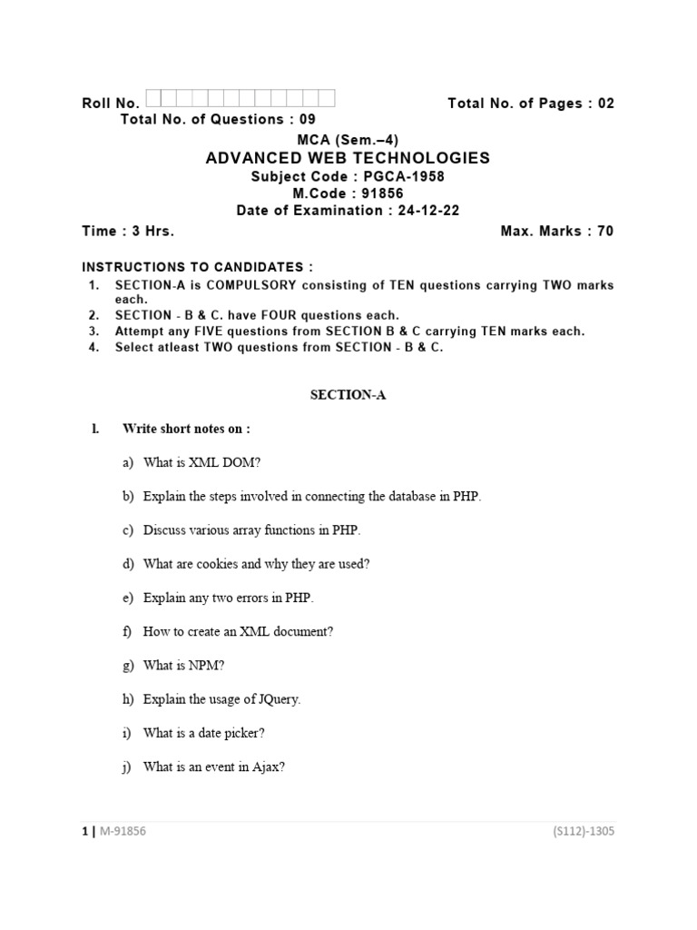 Mca 4 Sem Advanced Web Technologies 91856 Dec 2022 | PDF