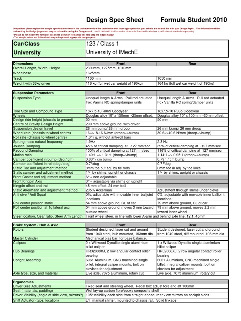 Design Spec Sheet 2010 | PDF | Suspension (Vehicle) | Fuel Injection