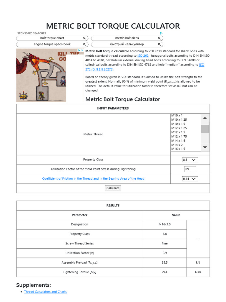 Metric Bolt Torque CalculatorII | PDF | Screw | Mechanical Engineering