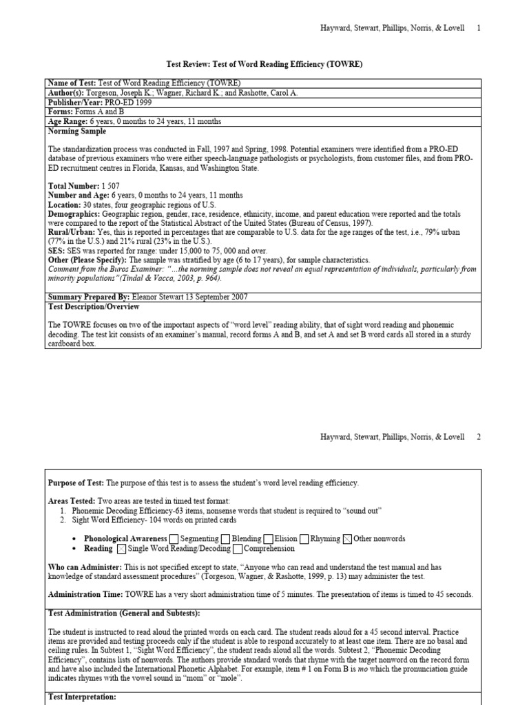 Test of Word Reading Efficiency (TOWRE) | PDF | Linguistics