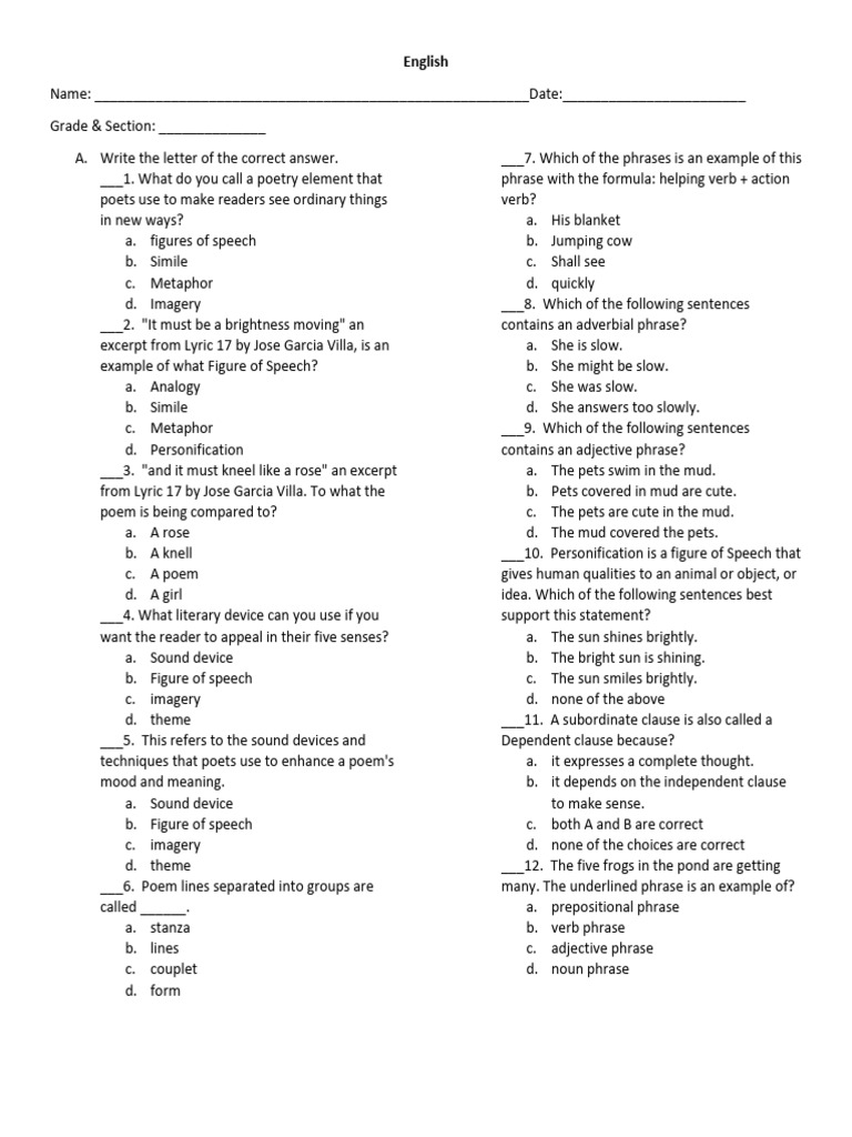 Poetry Elements and Literary Devices Quiz | PDF | Metaphor | Clause