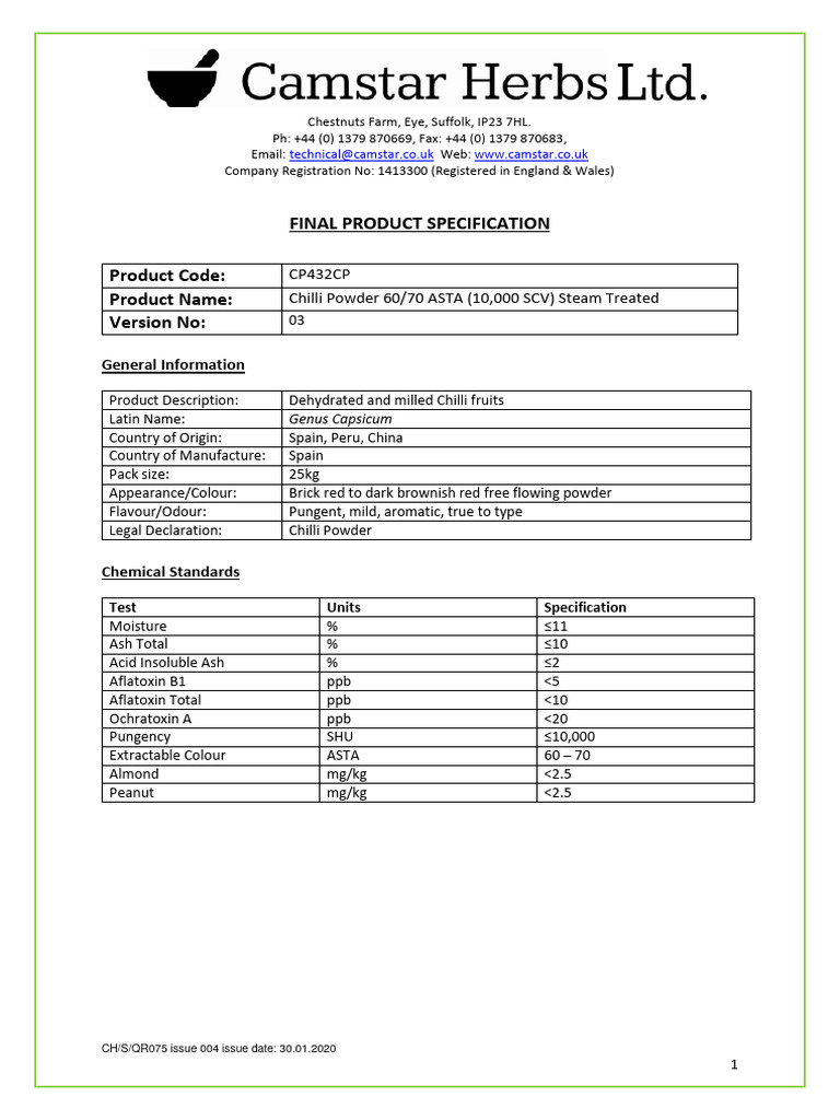 SPEC. Chilli Powder | PDF | Chili Pepper