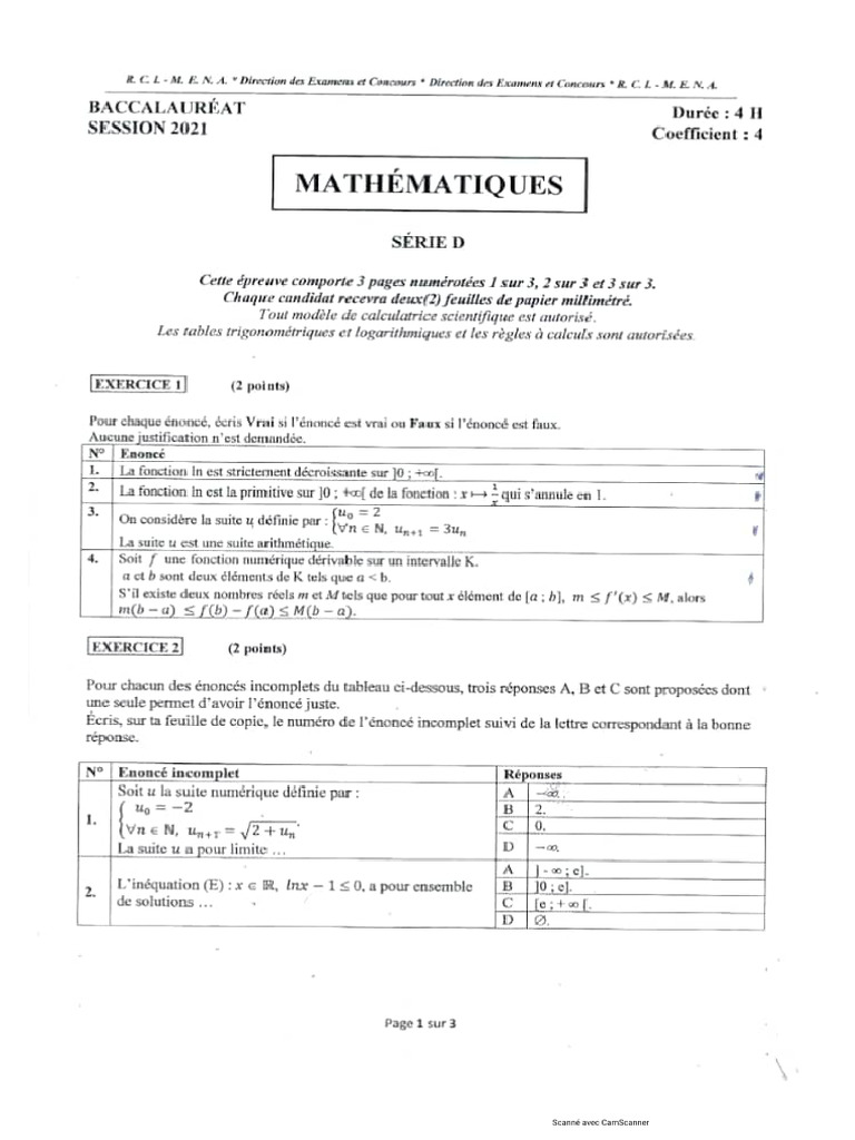 Maths+Corro Bac C Et D Session 2021 Et 2019 by Tehua | PDF