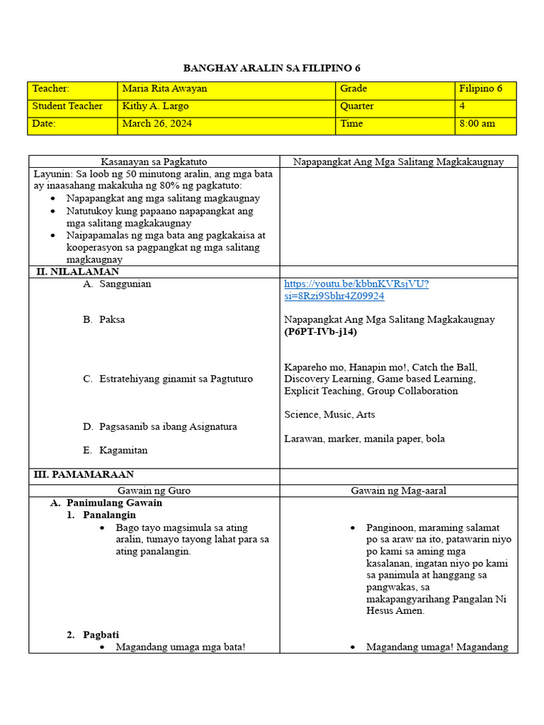 Banghay Aralin Sa Filipino 6 | PDF