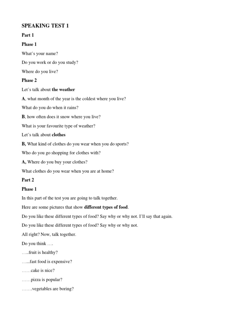 Speaking Test 1-2 For Teacher | Download Free PDF | Eating Behaviors Of ...