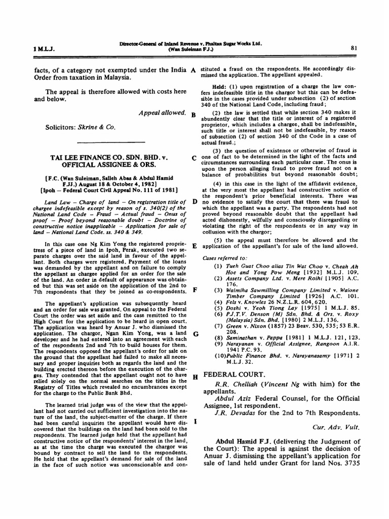 TAI LEE FINANCE CO SDN BHD V OFFICIAL ASSIGNEE & ORS | PDF