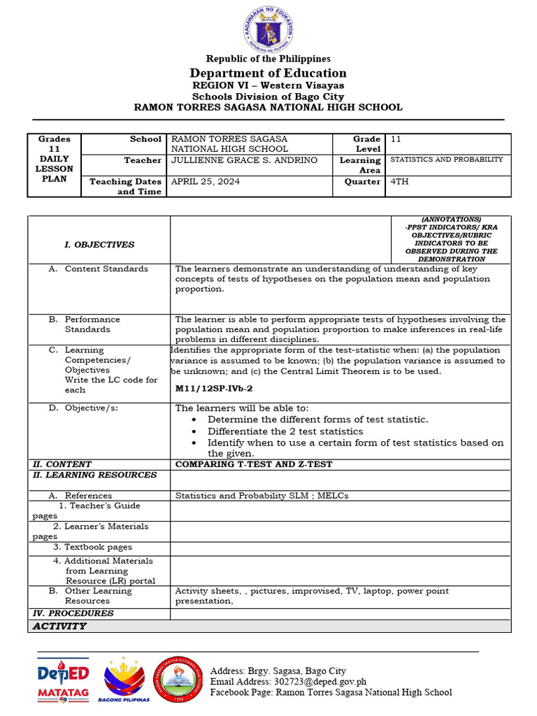 COT PLAN 4TH Andrino | PDF | Student's T Test | Sample Size Determination