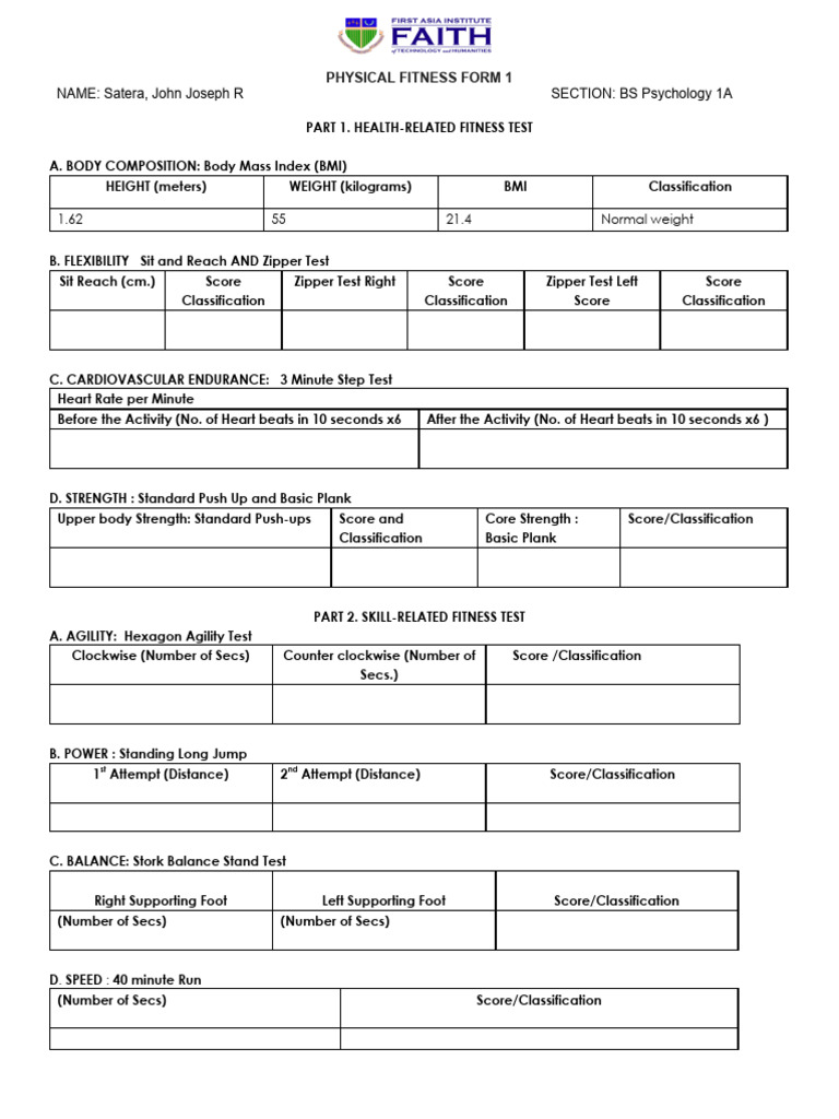 Physical Fitness Test Form 1 | PDF