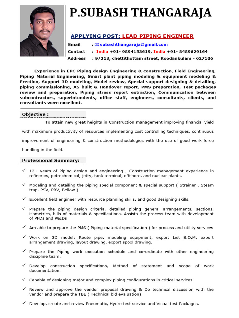 001 Subash - Lead Piping Engineer | PDF