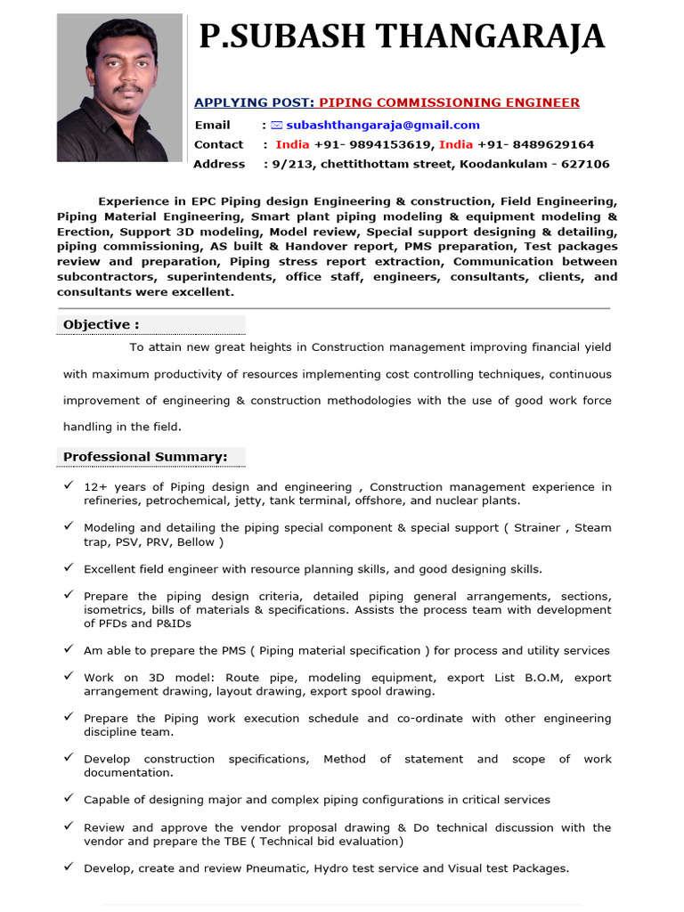 001 Subash - Piping Commissioning Engineer | PDF