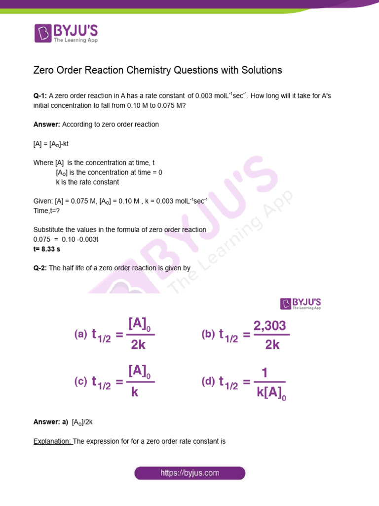 Zero Order Reaction Chemistry Questions | PDF | Reaction Rate | Chemical Reactions