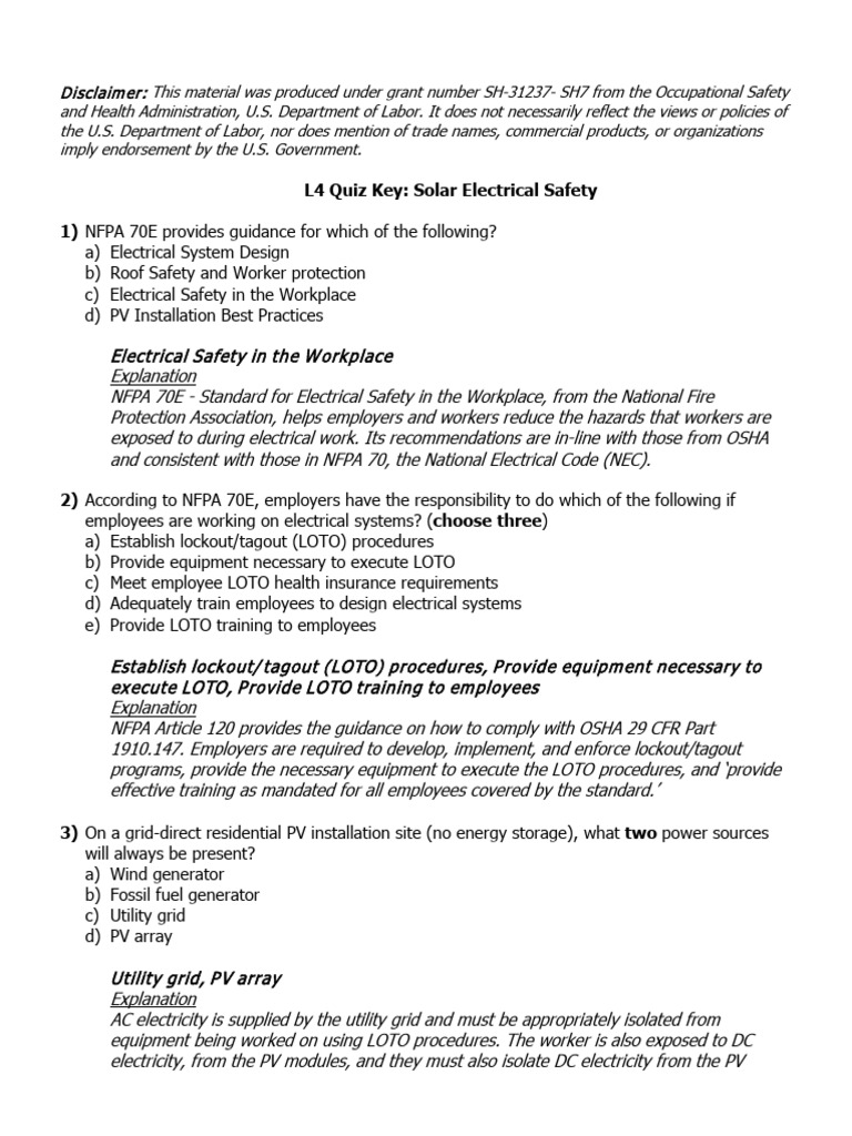 Solar Electrical Safety Quiz Key - 0 | PDF | Photovoltaics ...