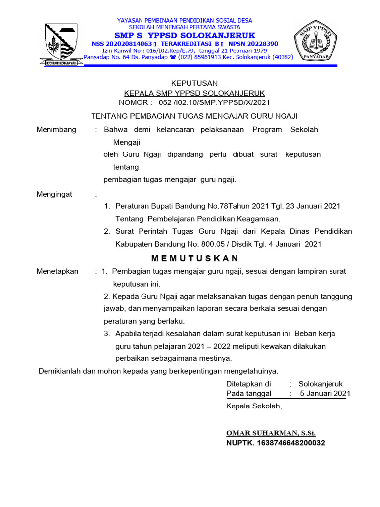 Surat SK Beban Mengajar Dan PERNYATAAN 2021 REVISI smp-1 | PDF
